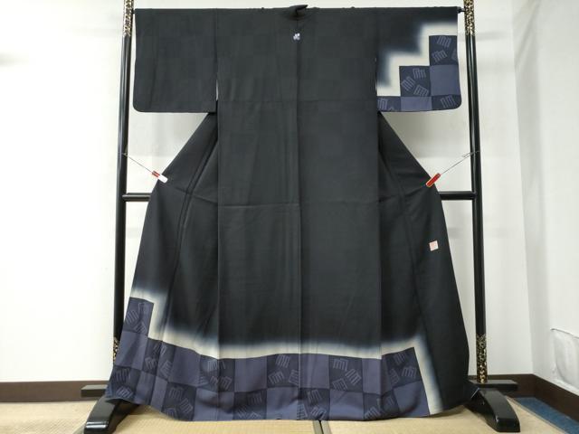 平和屋着物●訪問着　作家物　源氏香　市松文様　暈し染め　黒地　正絹　逸品　CAAU2451yc