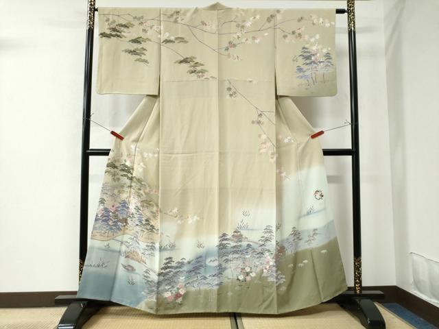 平和屋着物●高級染元　粋峰　林芳夫　京加賀友禅　訪問着　渡り橋松竹梅風景文　暈し染め　正絹　逸品　CAAU2482yc