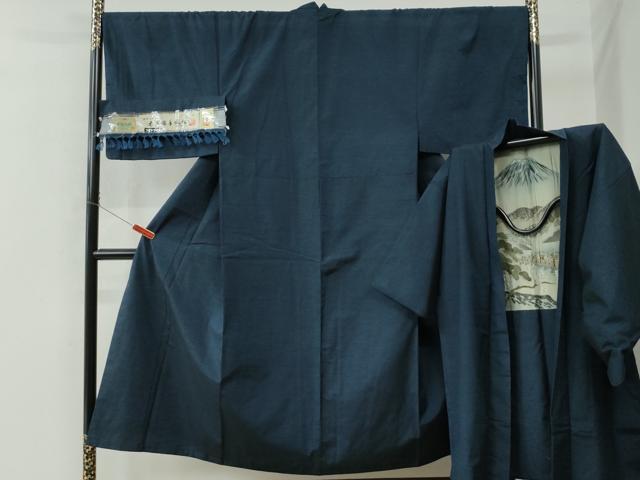 平和屋着物●男性　本真綿手織紬　アンサンブル　色無地　留紺色　証紙付き　正絹　逸品　CAAU2493yc