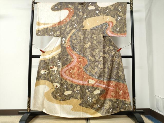 平和屋着物●訪問着　絞り　刺繍　地紙花蝶文　金彩　正絹　逸品　CAAU2537yc