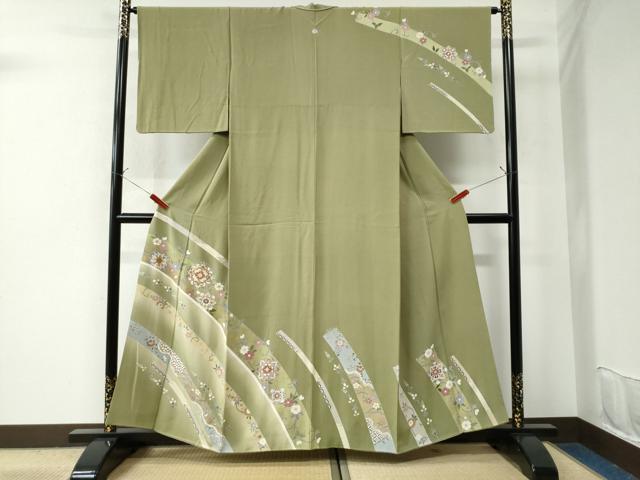 平和屋着物●訪問着　駒刺繍　花唐草文　暈し染め　金彩　正絹　逸品　CAAU2543yc