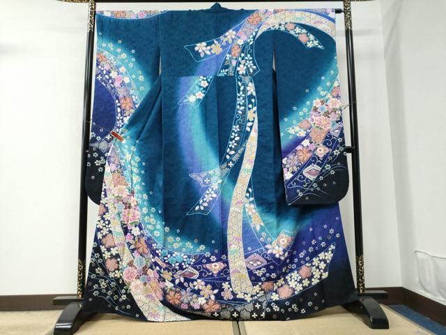 平和屋着物●豪華振袖　絞り　鬘帯吉祥花唐草文　暈し染め　金通し地　正絹　逸品　CAAU2616yc