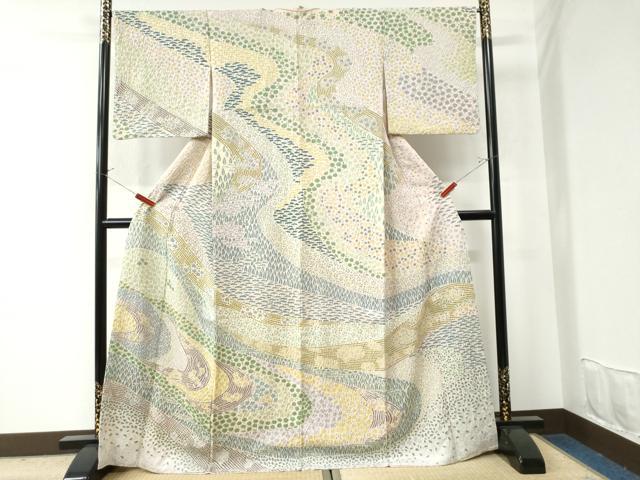 平和屋着物●中国三大刺繍　相良刺繍　訪問着　朧染め　重ね絞り　草花文　銀通し地　正絹　逸品　CAAU2622yc