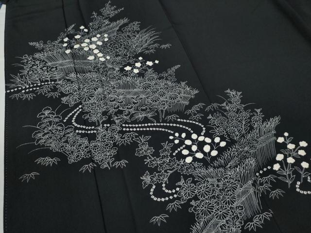 平和屋着物○訪問着 絞り 草花文 黒地 正絹 逸品 CAAU2671yc