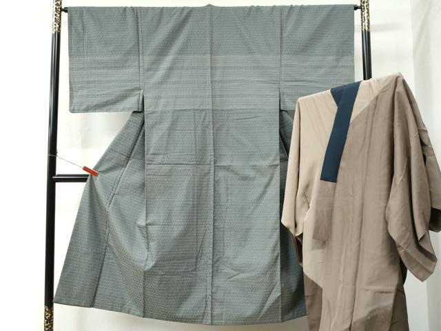 平和屋着物●男性　お召・長襦袢セット　横段吉祥花文　正絹　逸品　CAAU2861yc