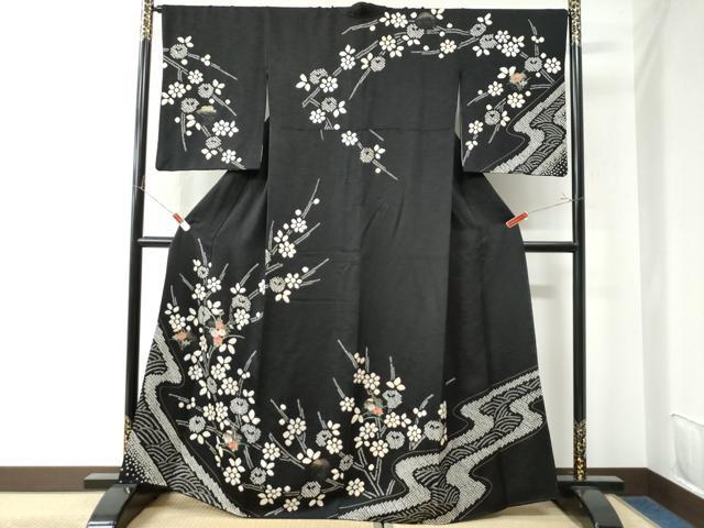 平和屋着物●訪問着　絞り　刺繍　草花文　黒地　金彩　正絹　逸品　CAAU2883yc