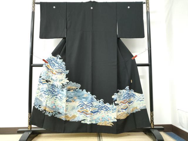 平和屋着物●本加賀友禅作家　奥原一就　黒留袖　流水松竹梅風景花文　正絹　逸品　CAAU3035yc