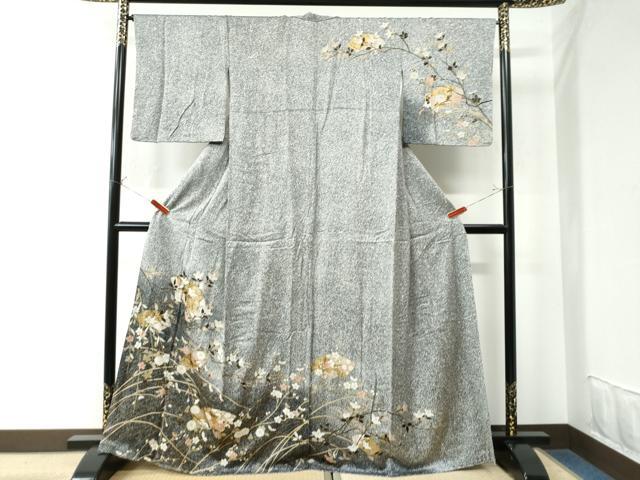 平和屋着物●訪問着　地紙吉祥枝花文　たたき染め　黒地　金彩　正絹　逸品　CAAU3061yc