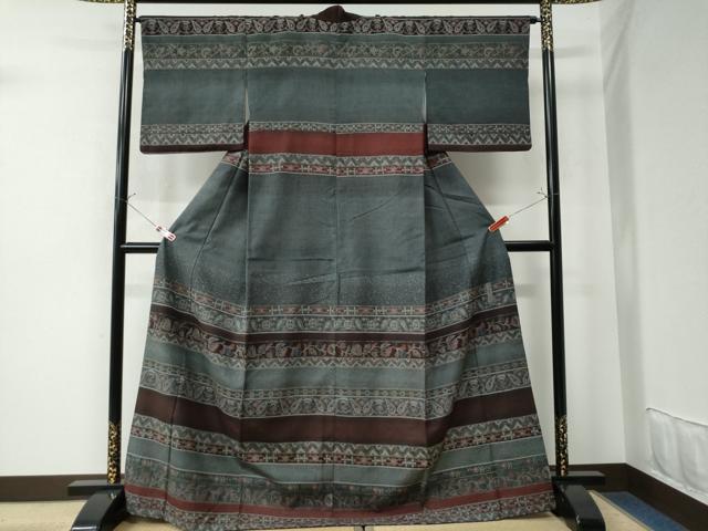 平和屋着物●小林文次郎　訪問着　紬地　横段吉祥更紗花唐草文　正絹　逸品　CAAU3088yc