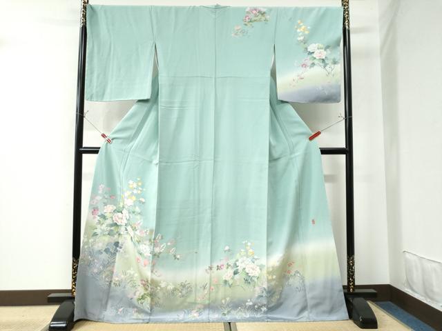 平和屋着物●訪問着　友禅　作家物　枝牡丹花文　暈し染め　正絹　逸品　未使用　CAAU3094yc