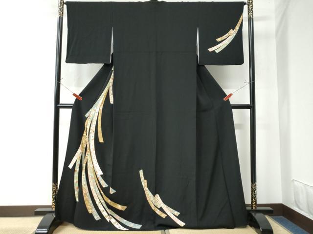 平和屋着物●訪問着　鬘帯松竹梅吉祥花文　黒地　金彩　鬼しぼ縮緬　正絹　逸品　CAAU3111yc