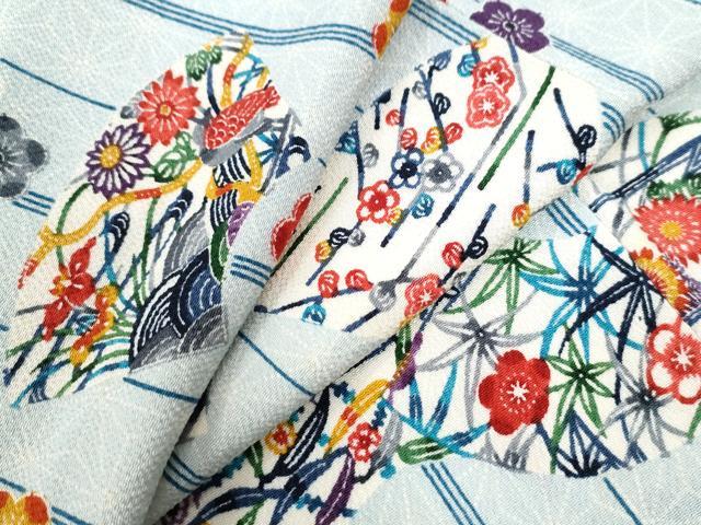 平和屋着物●上質な小紋　紅型　地紙麻の葉草花文　鬼しぼ縮緬　正絹　逸品　CAAU3117yc