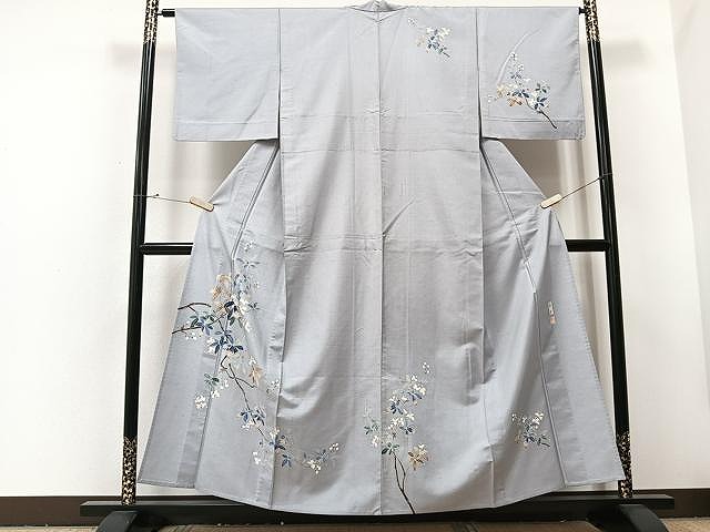 平和屋着物▽訪問着　単衣　紬地　友禅　作家物　枝葉文　正絹　逸品　CAAU3788xi