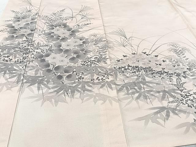 平和屋着物▽訪問着 単衣 紬地 手描き 草花文 正絹 逸品 CAAU3823xi