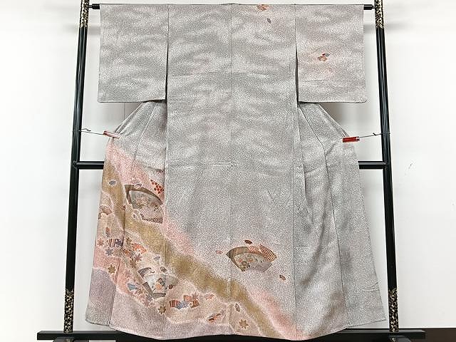 平和屋着物▽訪問着　単衣　流水地紙文　たたき染め　金銀彩　正絹　逸品　CAAU3834xi