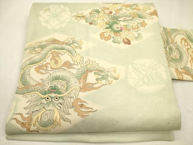 平和屋着物＊夏物　アンティーク　大正ロマン　九寸名古屋帯　駒刺繍　龍　松皮菱花鳥唐草文　銀糸　正絹　逸品　CAAU4028eg