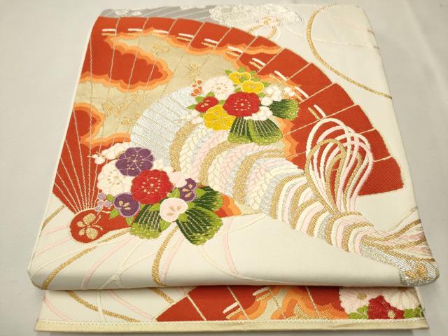 平和屋着物●西陣　白綾苑大庭　六通柄袋帯　唐織　檜扇草花文　金銀糸　正絹　逸品　CAAU9201hy