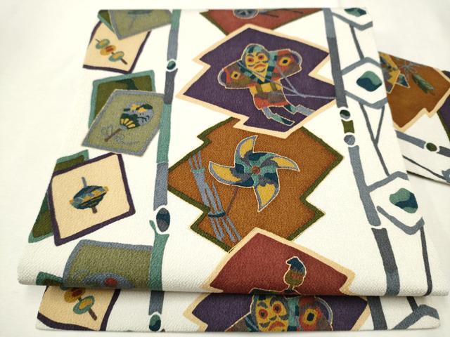 平和屋着物●九寸名古屋帯　型染め　玩具文　金彩　鬼しぼ縮緬　正絹　逸品　CAAU9213hy