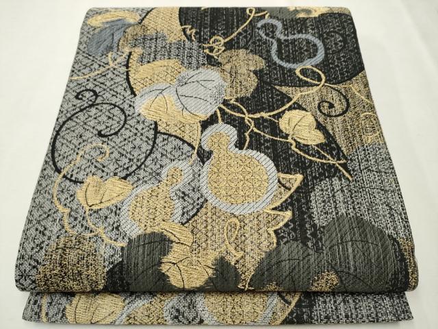 平和屋着物●六通柄袋帯　瓢箪　蔦の葉文　黒地　金銀糸　正絹　逸品　CAAU9251hy