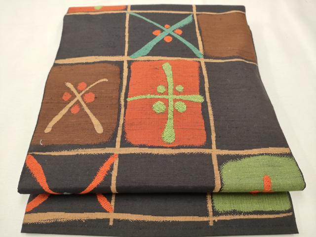 平和屋着物●洛風林　工芸帯地　六通柄　本袋帯　紬地　市松吉祥文　正絹　逸品　CAAU9254hy