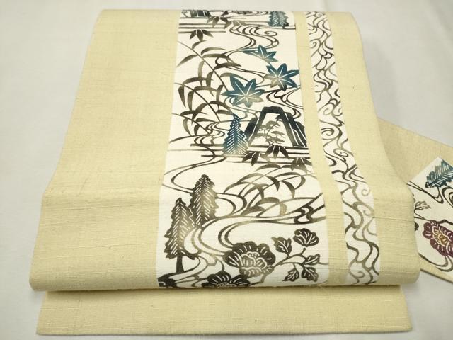 平和屋着物●九寸名古屋帯　紬地　型染め　風景草花文　正絹　逸品　CAAU9269hy
