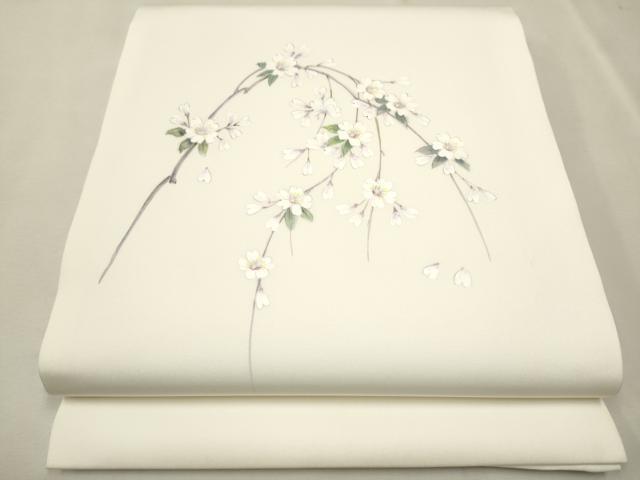 平和屋着物●塩瀬　九寸開き名古屋帯　手描き　枝垂れ桜文　正絹　逸品　CAAU9282hy