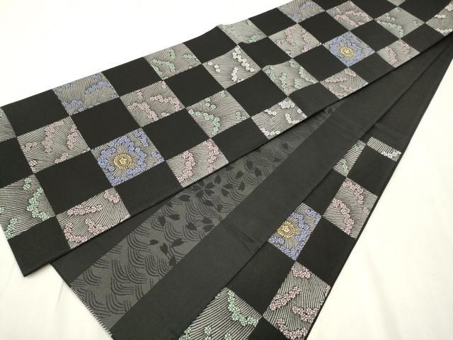 平和屋着物●両面　六通柄袋帯　市松舞花文　黒地舞花文　黒地　金糸　正絹　逸品　 CAAU9303hy