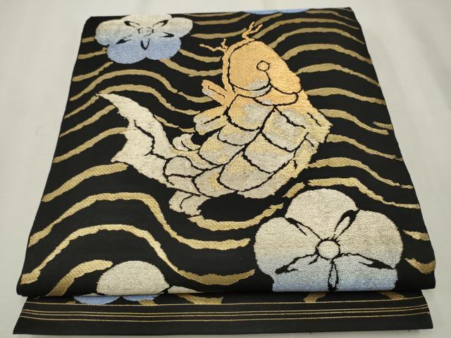 平和屋着物●六通柄　本袋帯　龍村平蔵柄　荒磯　枚花文　黒地　金糸　正絹　逸品　CAAU9475hy