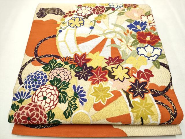 平和屋着物●太鼓柄袋帯　綴れ　源氏車花紋　金銀糸　正絹　逸品　CAAU9507hy