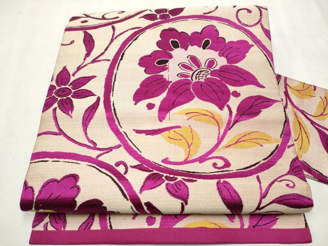 平和屋着物●アンティーク　大正ロマン　九寸名古屋帯　花唐草丸文　正絹　逸品　CAAU9508hy