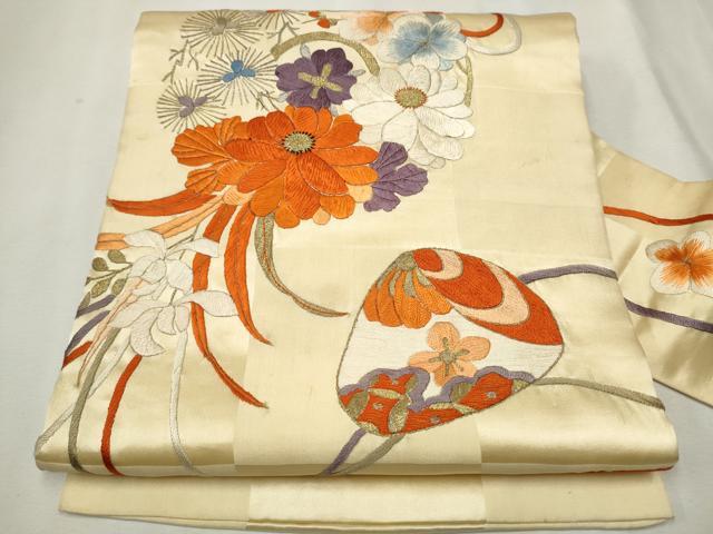 平和屋着物●アンティーク　大正ロマン　九寸名古屋帯　総刺繍　鏡裏花文　金銀糸　正絹　逸品　CAAU9511hy