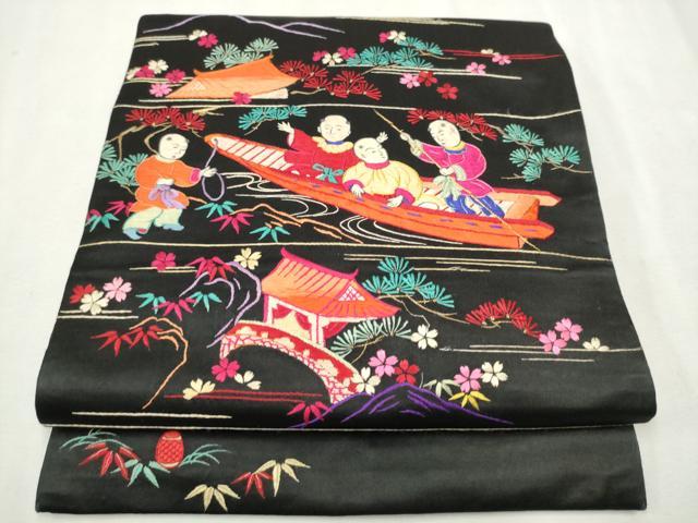 平和屋着物●アンティーク　大正ロマン　太鼓柄　京袋帯　総刺繍　人物風景花文　黒地　金糸　正絹　逸品　CAAU9513hy