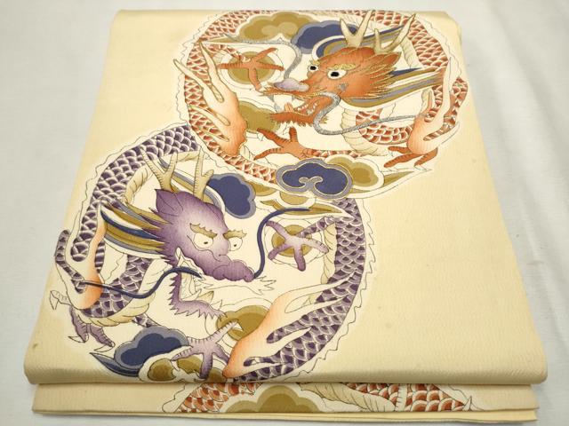 平和屋着物●アンティーク　大正ロマン　六通柄袋帯　駒刺繍　龍　金銀糸　正絹　逸品　CAAU9515hy