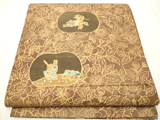 平和屋着物●石川県指定無形文化財　牛首紬　白山工房　手織り　全通柄袋帯　螺鈿　狩猟花鳥文　金彩　正絹　逸品　CAAU9547hy