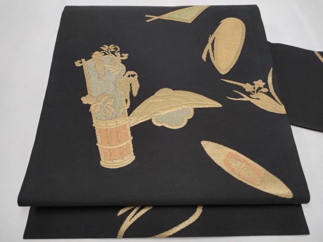 平和屋着物●西陣　川島織物　九寸名古屋帯　器物文　黒地　金糸　正絹　逸品　CAAU9571hy