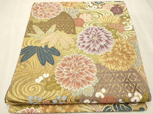 平和屋着物●六通柄袋帯　唐織　流水垣根菊文　金糸　正絹　逸品　CAAU9583hy