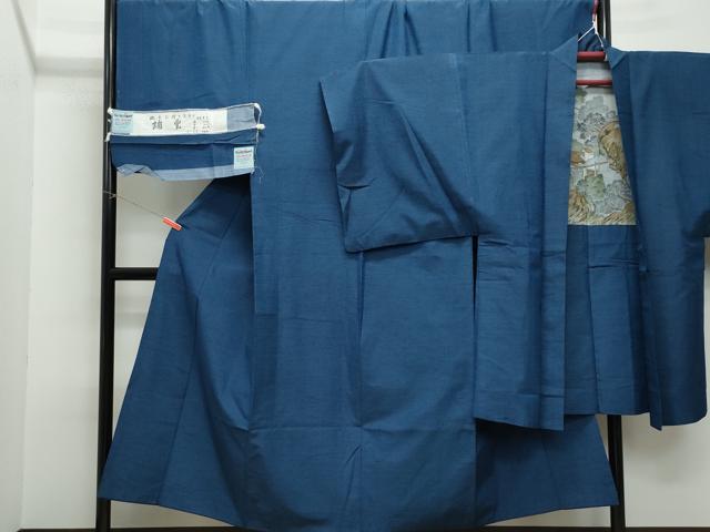 平和屋着物●男性　紬　アンサンブル　青藍色　キングサイズ　反端付き　正絹　逸品　CAAU9664vf