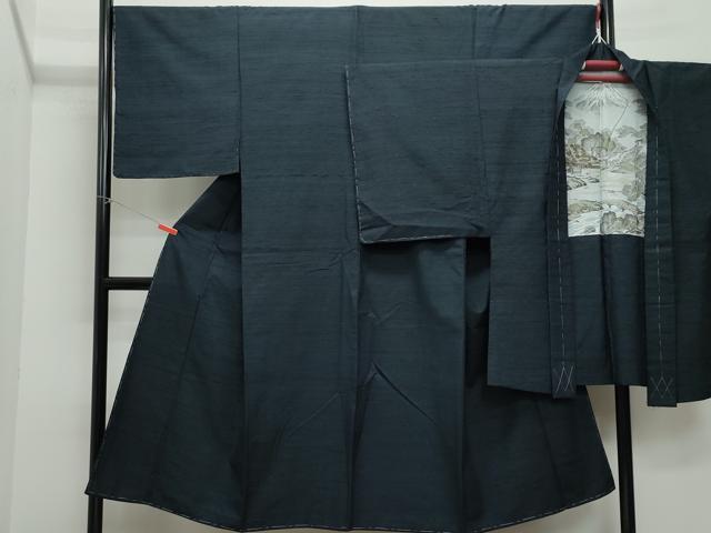 平和屋着物●男性　紬　髭紬・羽織セット　藍鉄色　正絹　逸品　CAAU9667vf