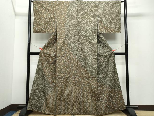 平和屋着物●訪問着　紬地　型染め　花唐草文　正絹　逸品　CAAU9724vf