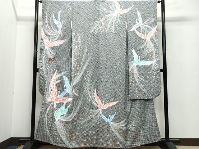 平和屋着物●豪華振袖　総絞り　孔雀文　黒地　金銀彩　正絹　逸品　CAAU9870vf