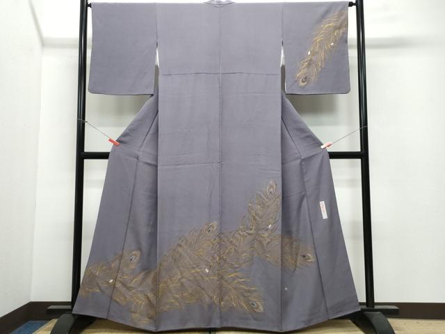 平和屋着物●世界的人形師　辻村寿三郎　ジュサブロー　訪問着　刺繍　孔雀羽舞花弁文　金彩　濃鼠色地　正絹　逸品　CAAU9907vf