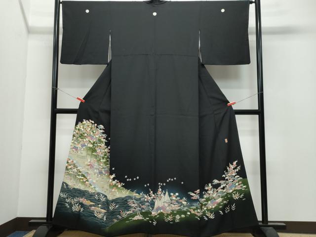 平和屋着物●本加賀友禅作家　柿本市郎　黒留袖　風景千鳥人物草花文　正絹　逸品　CAAU9914vf