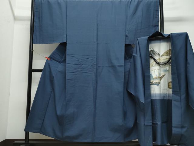 平和屋着物○男性 紬 アンサンブル 青褐色 正絹 逸品 未使用 CAAU9934vf