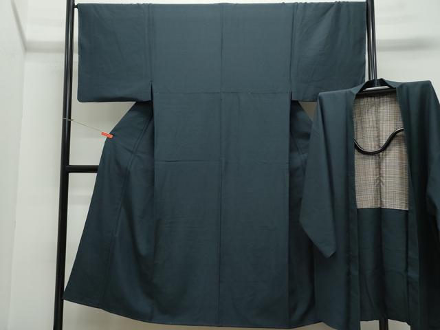 平和屋着物●男性　紬　アンサンブル　藍鉄色　正絹　逸品　CAAU9944vf