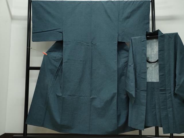 平和屋着物●男性　紬　アンサンブル　鉄御納戸色　正絹　逸品　CAAU9945vf