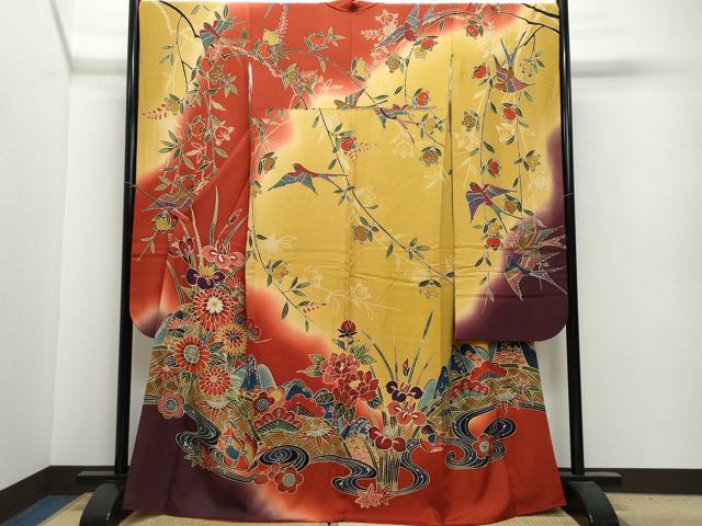 平和屋着物●豪華振袖　紅型　鴛鴦流水草花文　正絹　逸品　CAAU9956vf