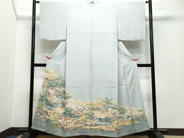 平和屋着物●訪問着　友禅　作家物　風景渡り橋草花文　正絹　逸品　CAAU9963vf