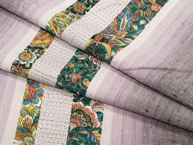 平和屋着物●結城紬　80亀甲　更紗草花間道　正絹　逸品　CAAU9981vf