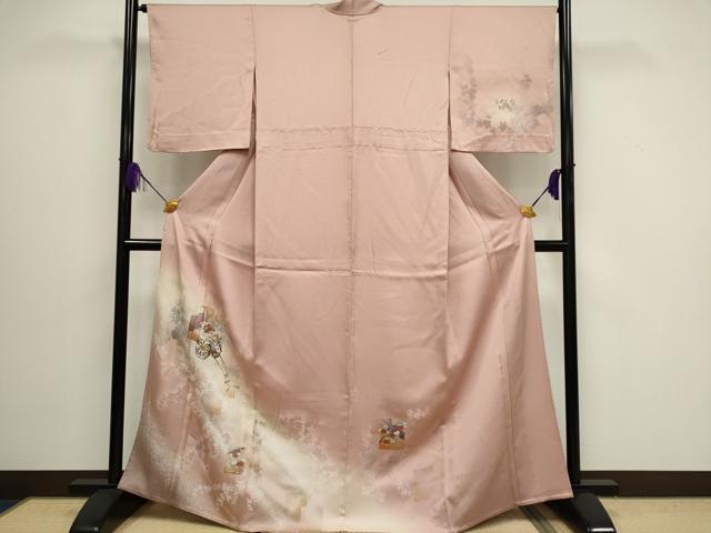 平和屋着物▽訪問着　単衣　色紙重ね花車文　暈し染め　金銀彩　正絹　逸品　CAAV0901ou