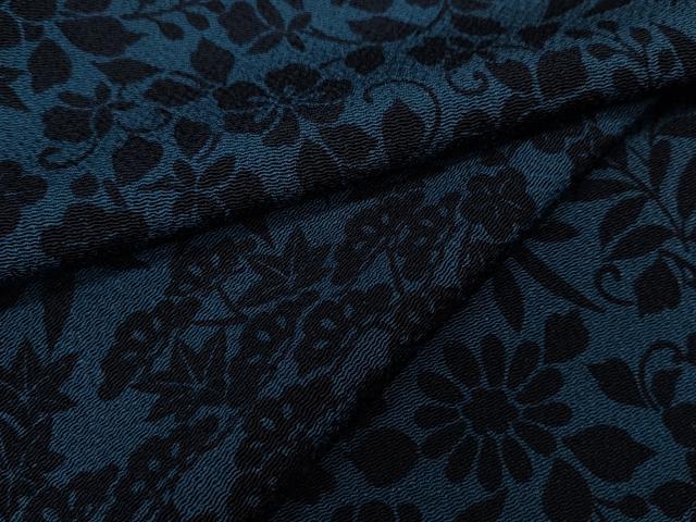 平和屋着物▽上質な小紋　単衣　藍　型染め　草花尽くし　鬼しぼ縮緬　正絹　逸品　CAAV3197ut